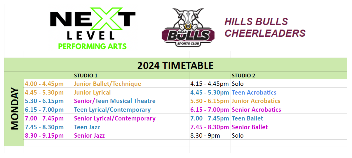 2024 Timetable - Next Level Performing Arts