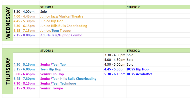 2024 Timetable - Next Level Performing Arts