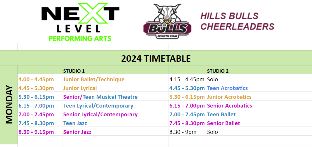 2024 Timetable - Next Level Performing Arts