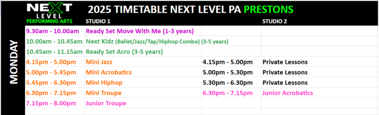 2025 Timetable Prestons - Next Level Performing Arts